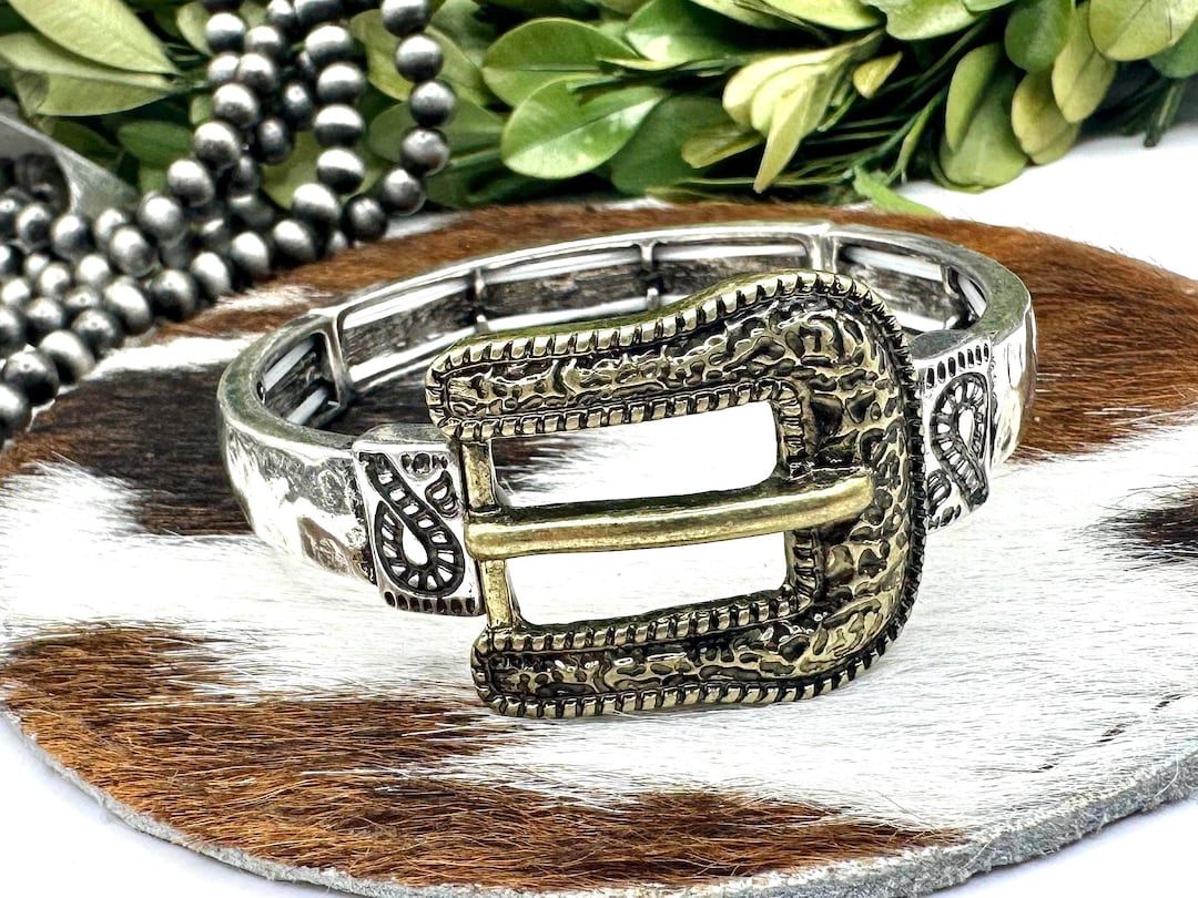 Western Belt Buckle Stretch Bracelet Chunky Buckle Statement Bracelet