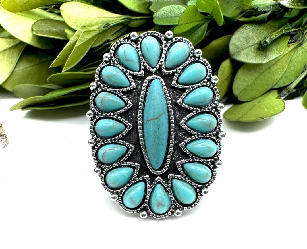 Turquoise Blue Squash Blossom Ring, Western Fashion Cuff Concho Ring ...