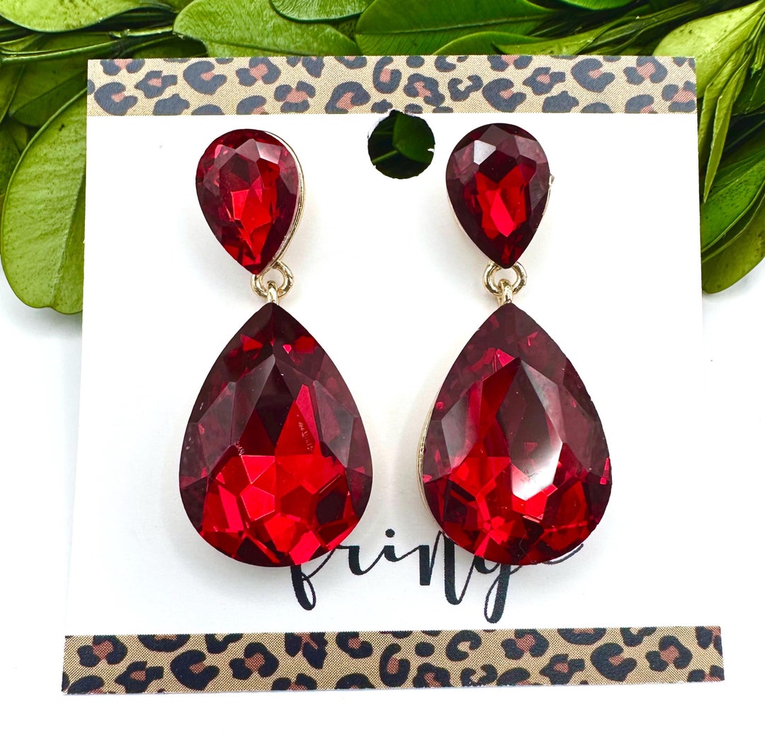 1.75" Red Crystal Dangle Earrings, Crystal Red Prom Earrings, Red ...