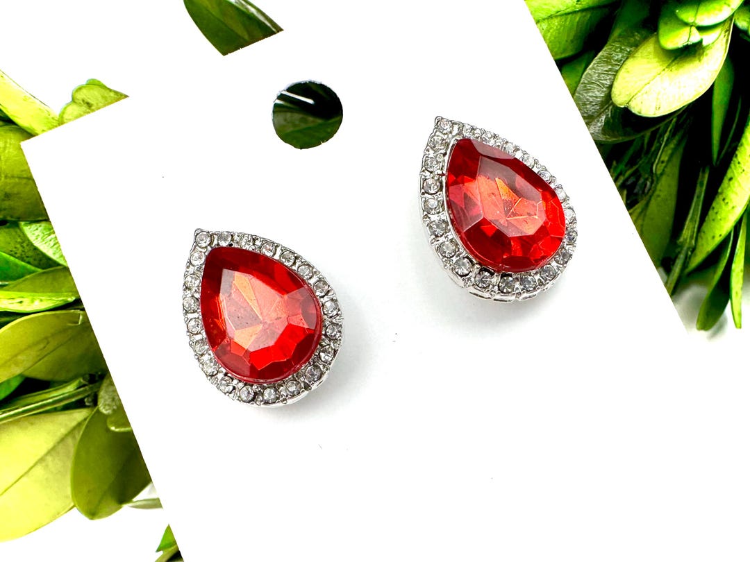 0.6" Red Rhinestone Stud Earrings, Red Prom Earrings, Red Pageant ...