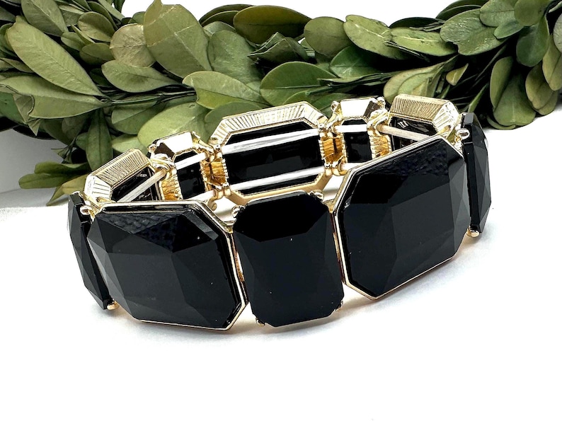 Black Gold Crystal Stretch Bracelet, Emerald Cut Rhinestone Stretch ...
