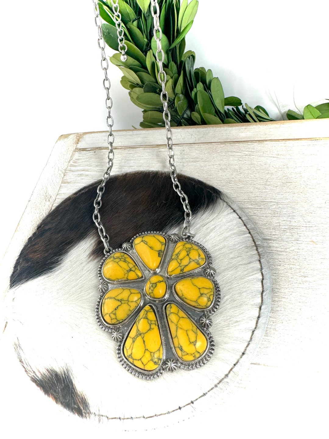 16" Yellow Stone Pendant Necklace, Golden Yellow Oversized LARGE ...