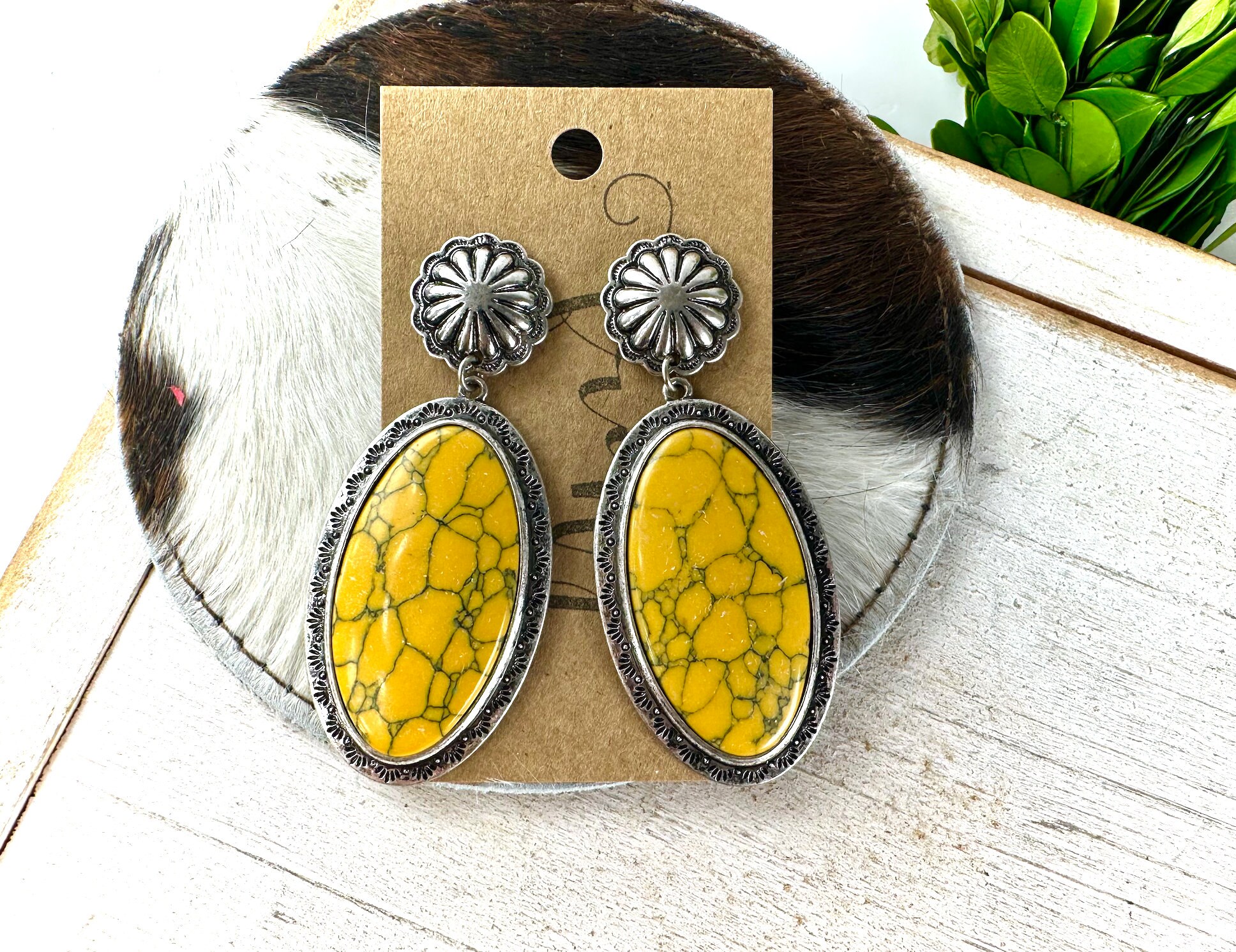 FringeAccessoriesBCB Mustard Yellow Earrings Yellow Western Oval Dangle Earrings Mustard Concho Drop Earrings Mustard Yellow Burnished Silver Earrings