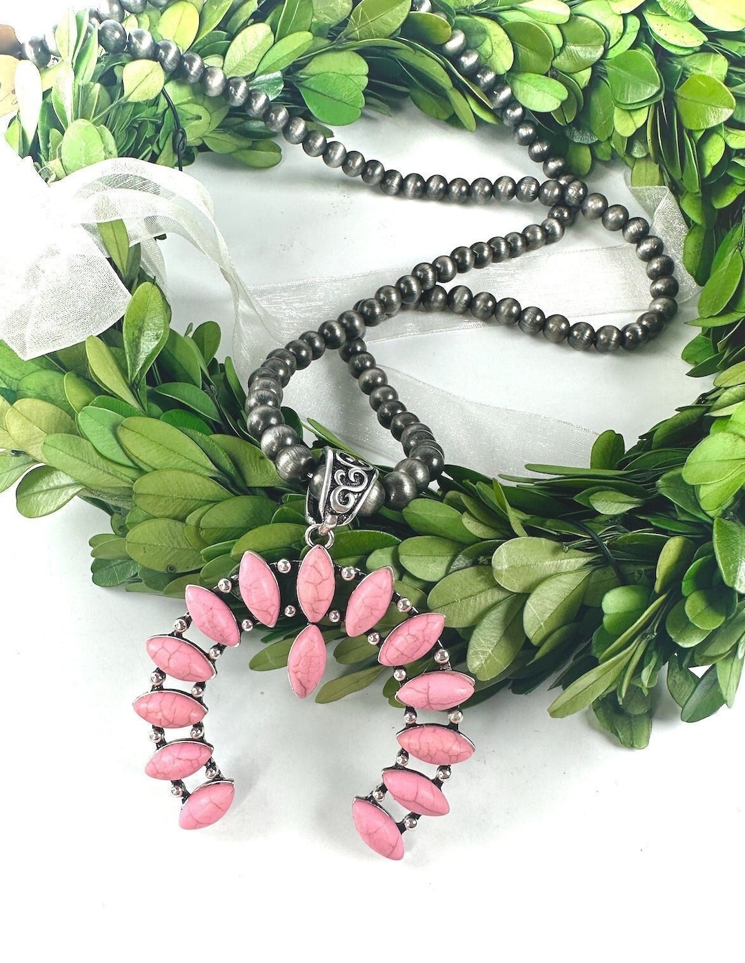 33" Pink Squash Blossom LARGE Pendant Necklace, Long Navajo Pearl Beaded Pink Pendant Necklace ...