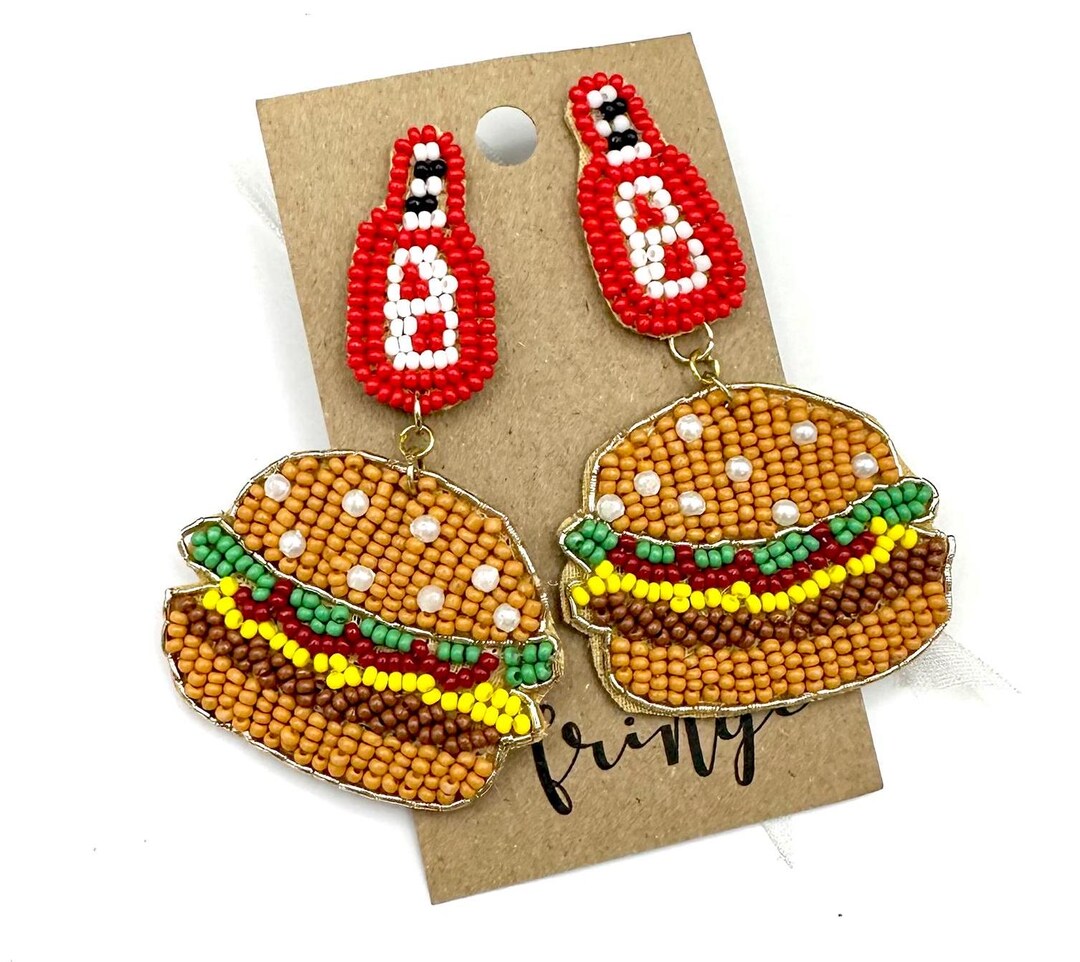 Cheeseburger Seed Bead Dangle Earrings, Big Burger and Ketchup Drop ...