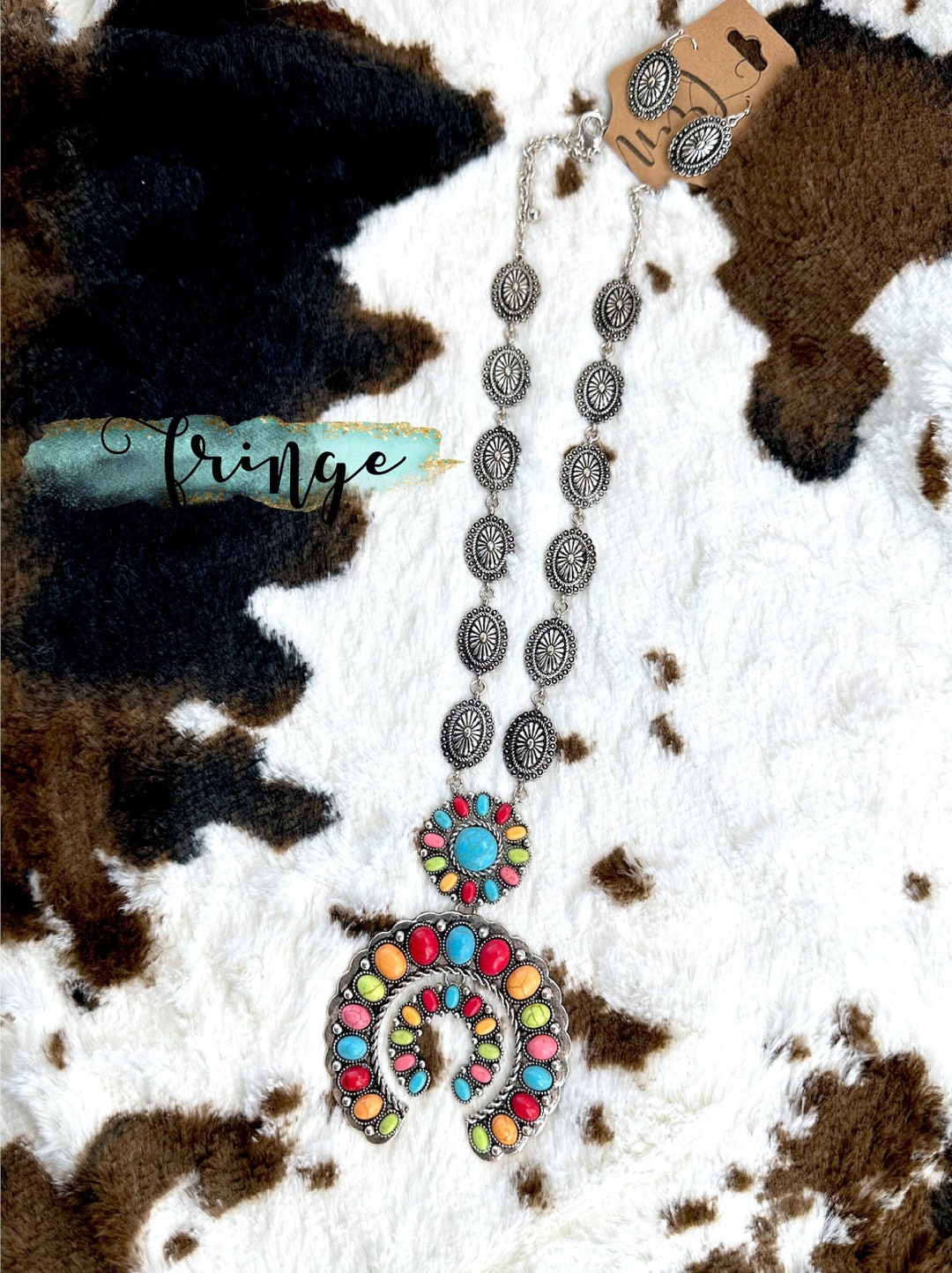 30 Western Concho Multi Color Stone Statement Necklace and Earrings Set ...