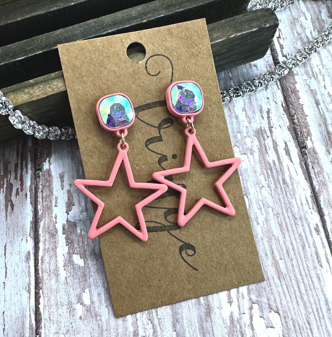 Rose Pink Stone STAR Dangle Earrings, Star Earrings, Pink Star Earrings ...