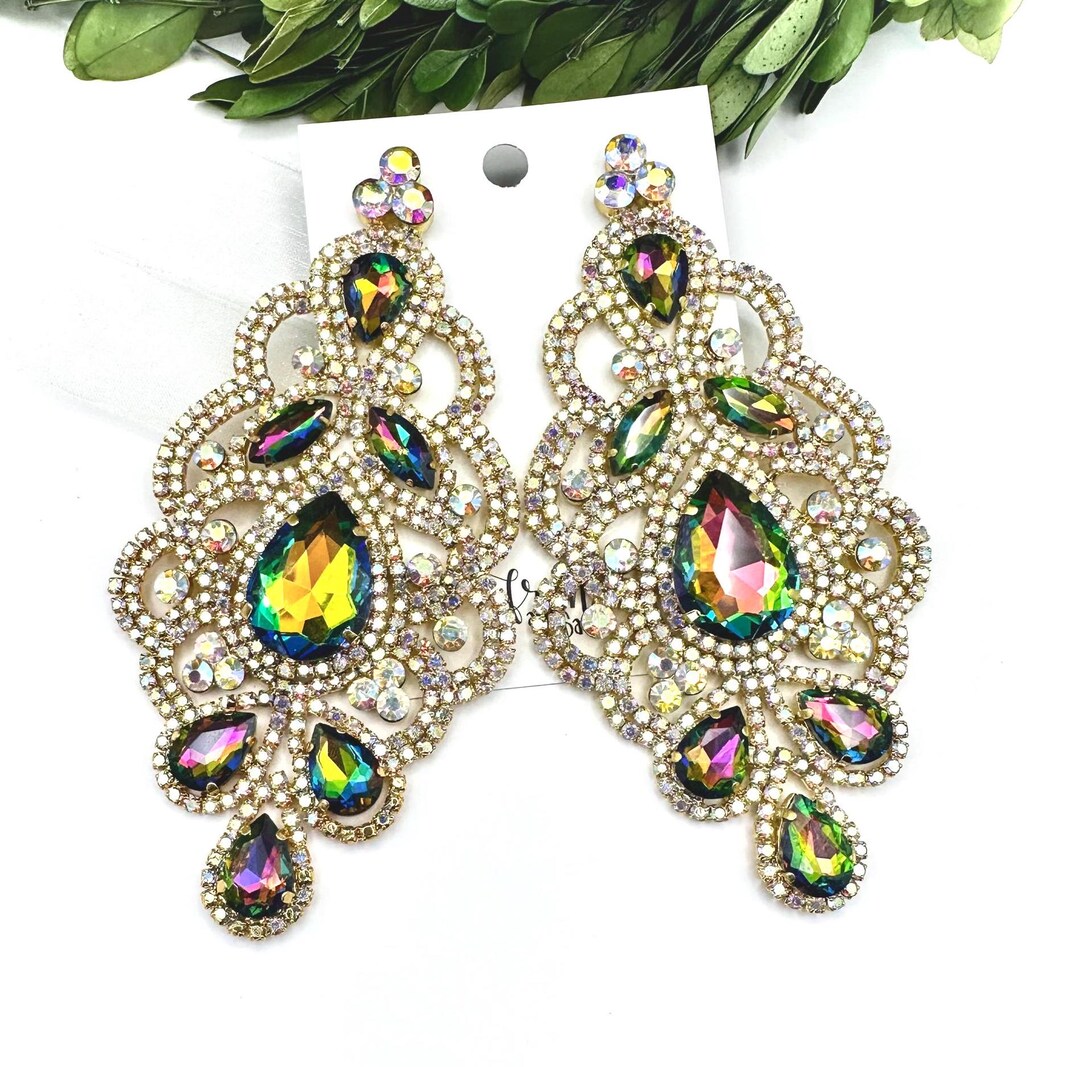 4.5" Vitrail Green Rhinestone Statement Earrings, Extra Large Vitrail ...