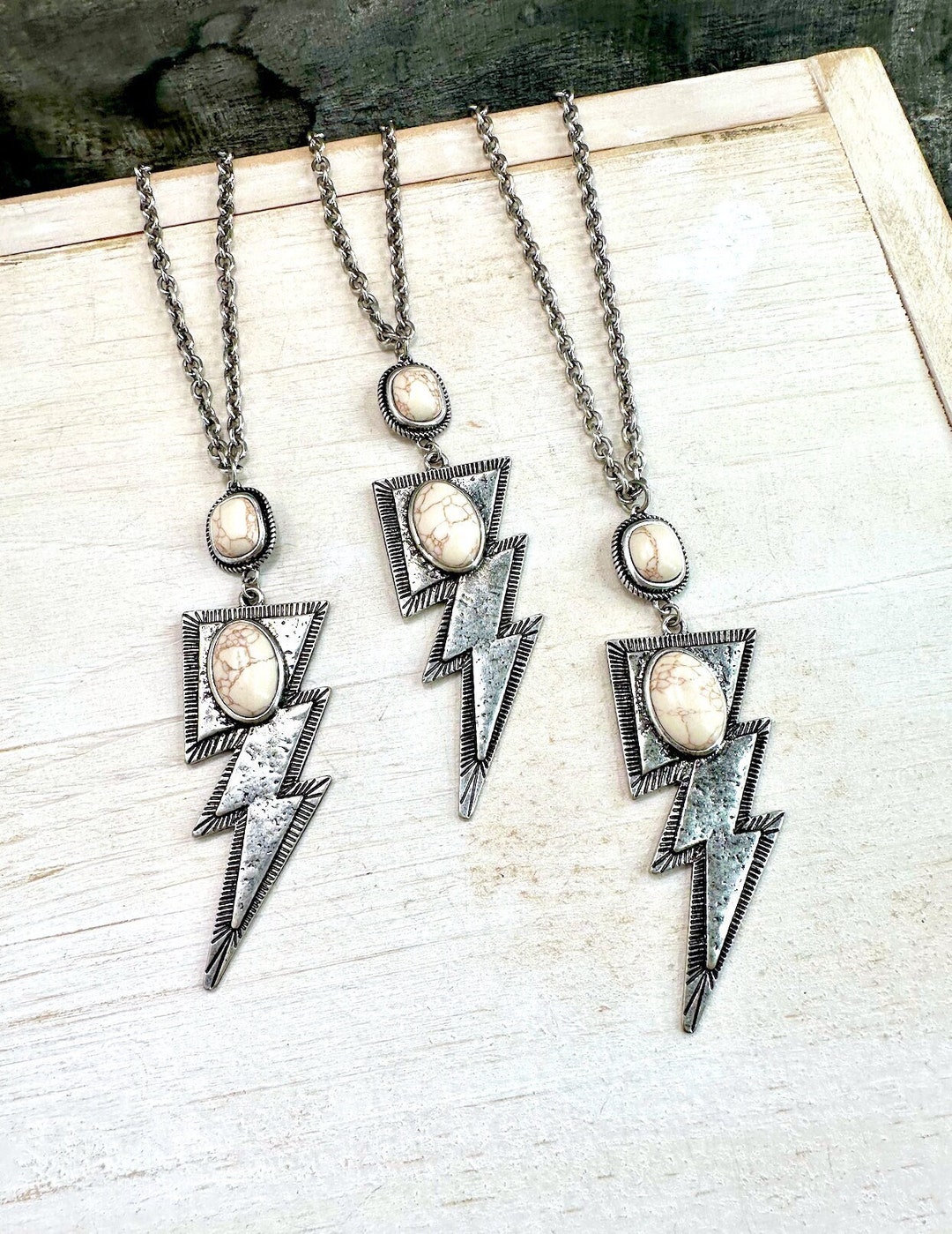 32" Ivory Western Lightning Bolt Necklace, Burnished Silver Lightning ...