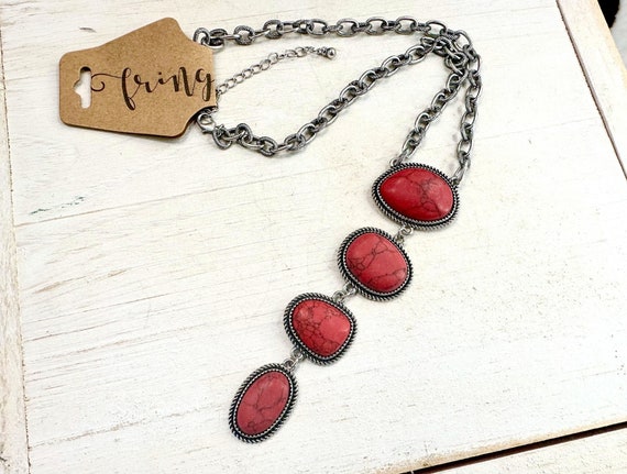 18 Red Western Stone Pendant Necklace Western Pendant Y Necklace Burnished Silver Western Necklace Long Red Pendant Layering Necklace Etsy