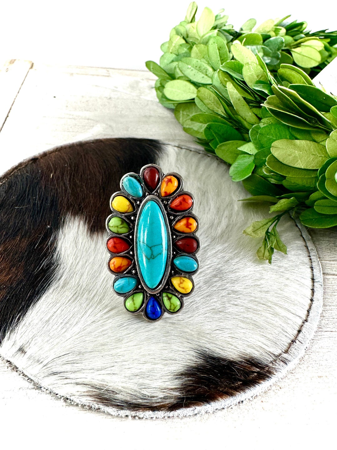 Multi Color Squash Blossom Cuff Ring, Mixed Color Stone Western Ring ...