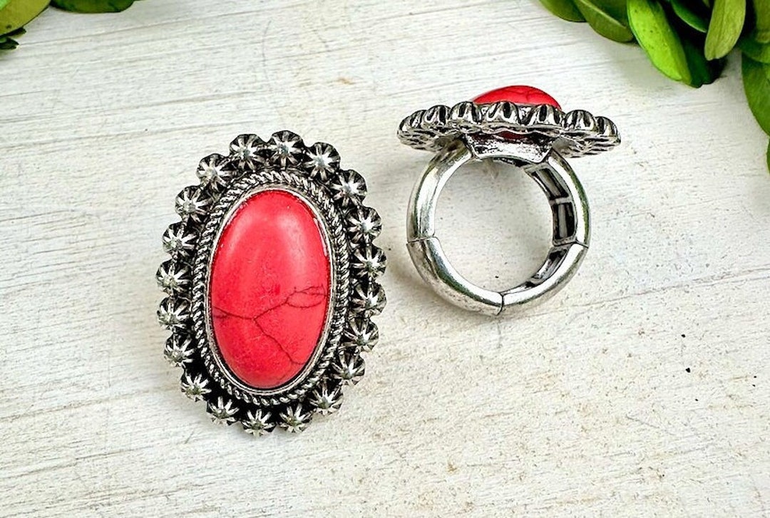 Red Western Oval Stretch Ring, Red Stone Western Ring, Western Fashion ...