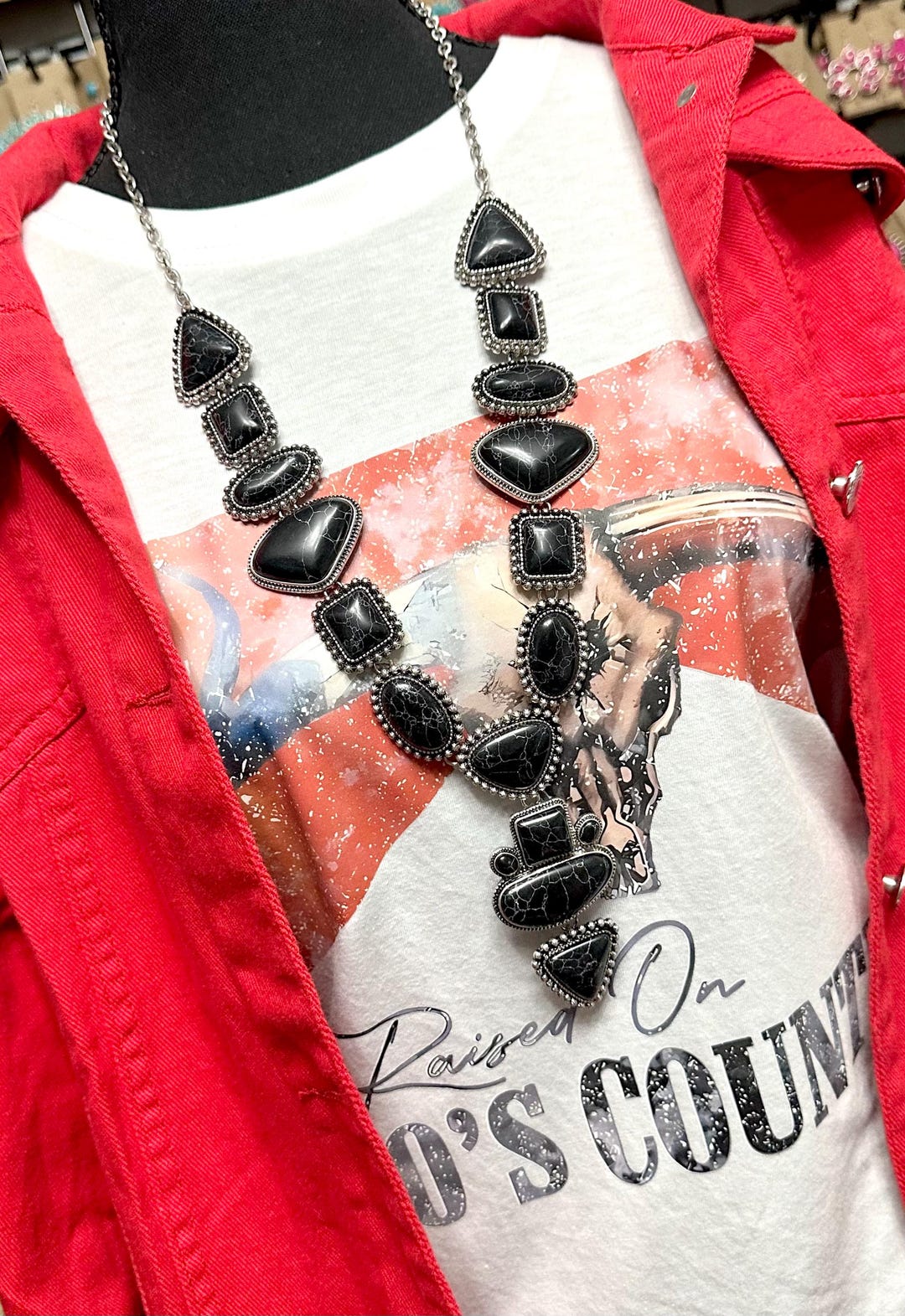 30" Chunky Western Stone Statement Necklace, Long Western Black Y Stone ...