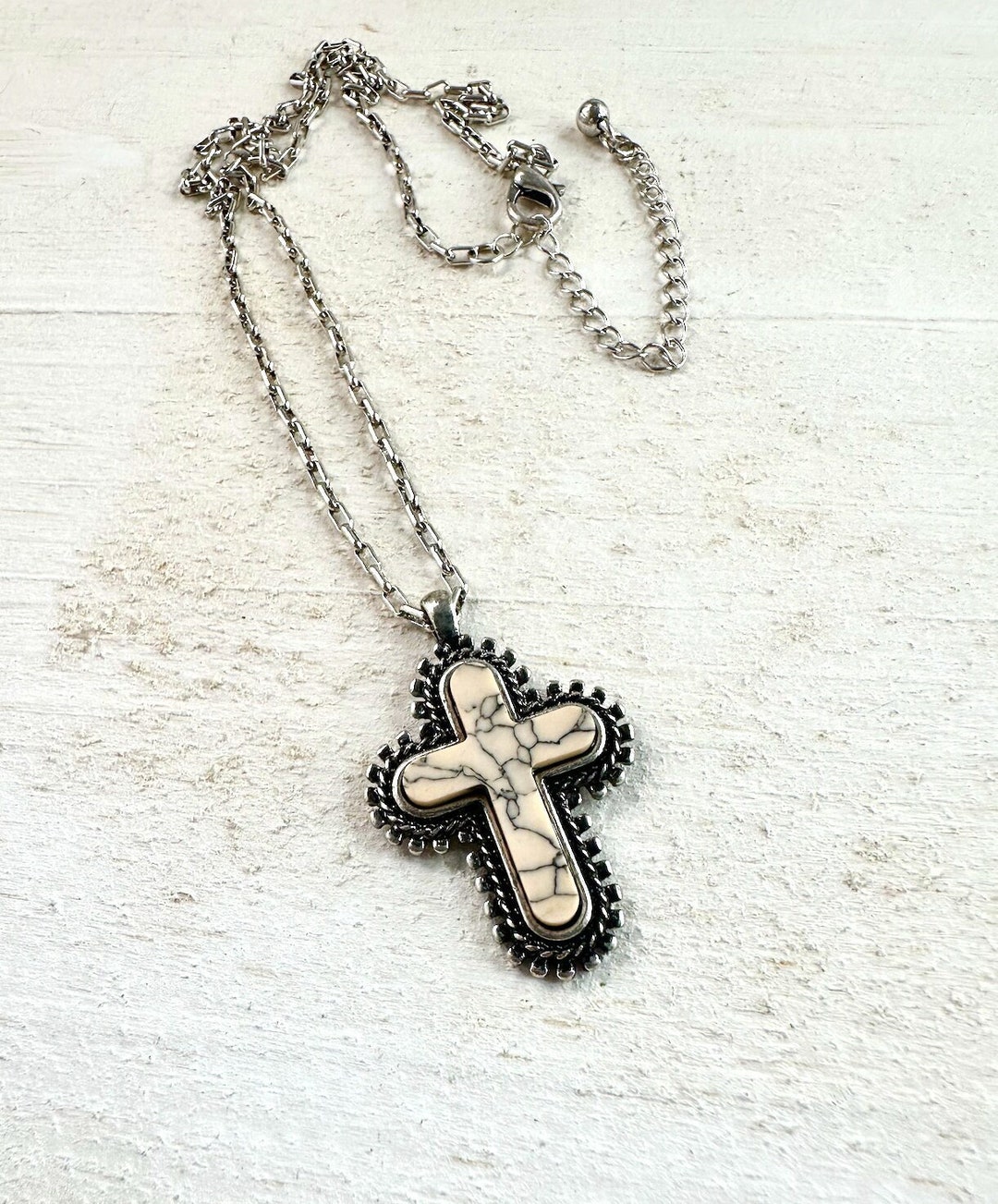 18 Ivory Cross Necklace, Western Pendant Necklace, Ivory Stone Cross ...