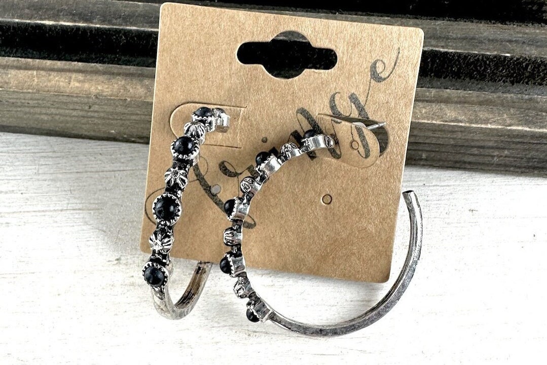 Black Western Hoop Earrings, Western Black Stone Earrings, Burnished ...