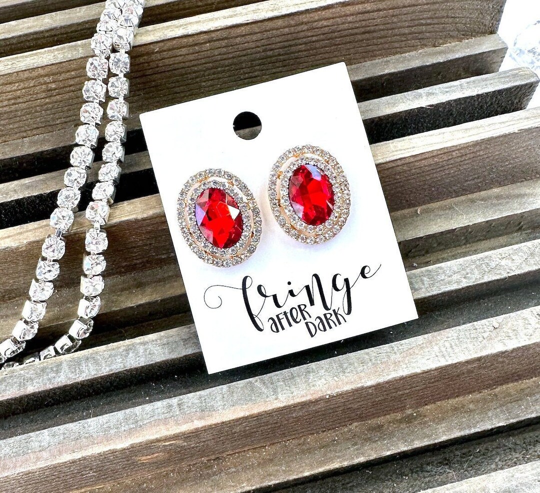 0.85" Red Rhinestone Stud Earrings, Red Prom Earrings, Red Pageant ...