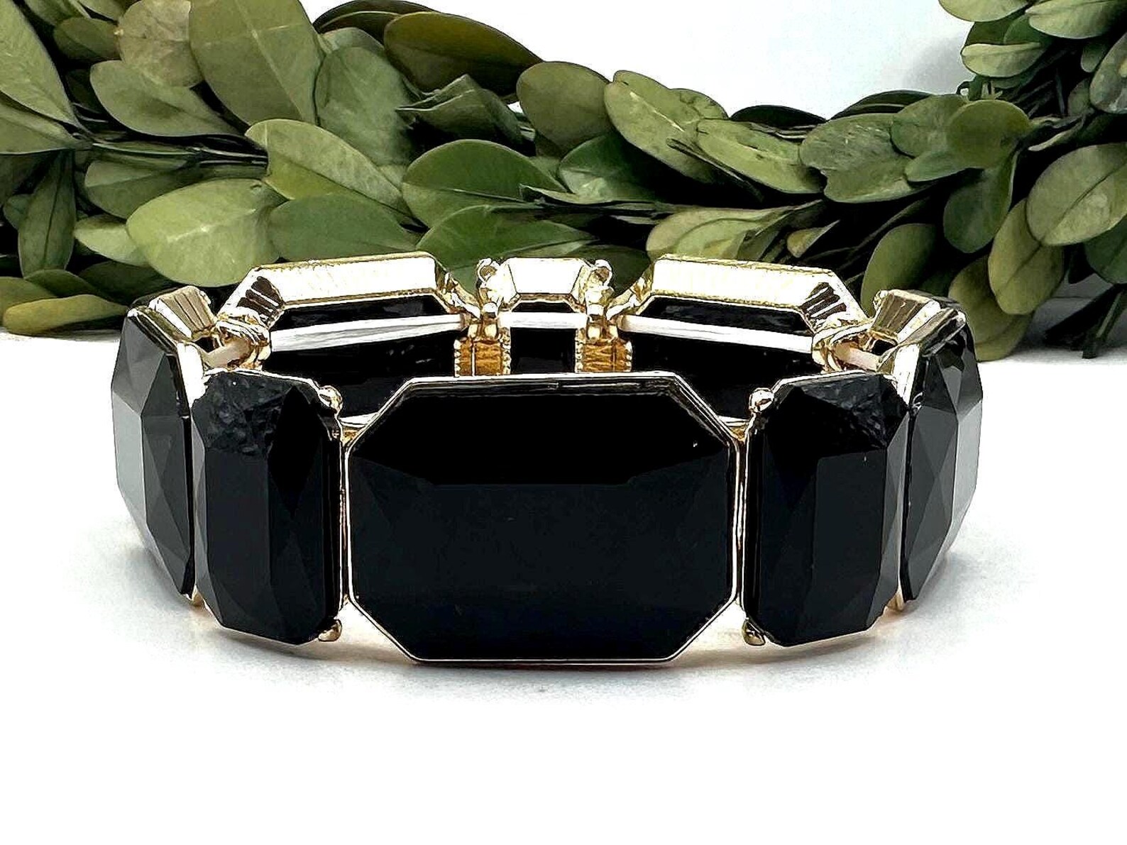 Black Gold Crystal Stretch Bracelet, Emerald Cut Rhinestone Stretch ...