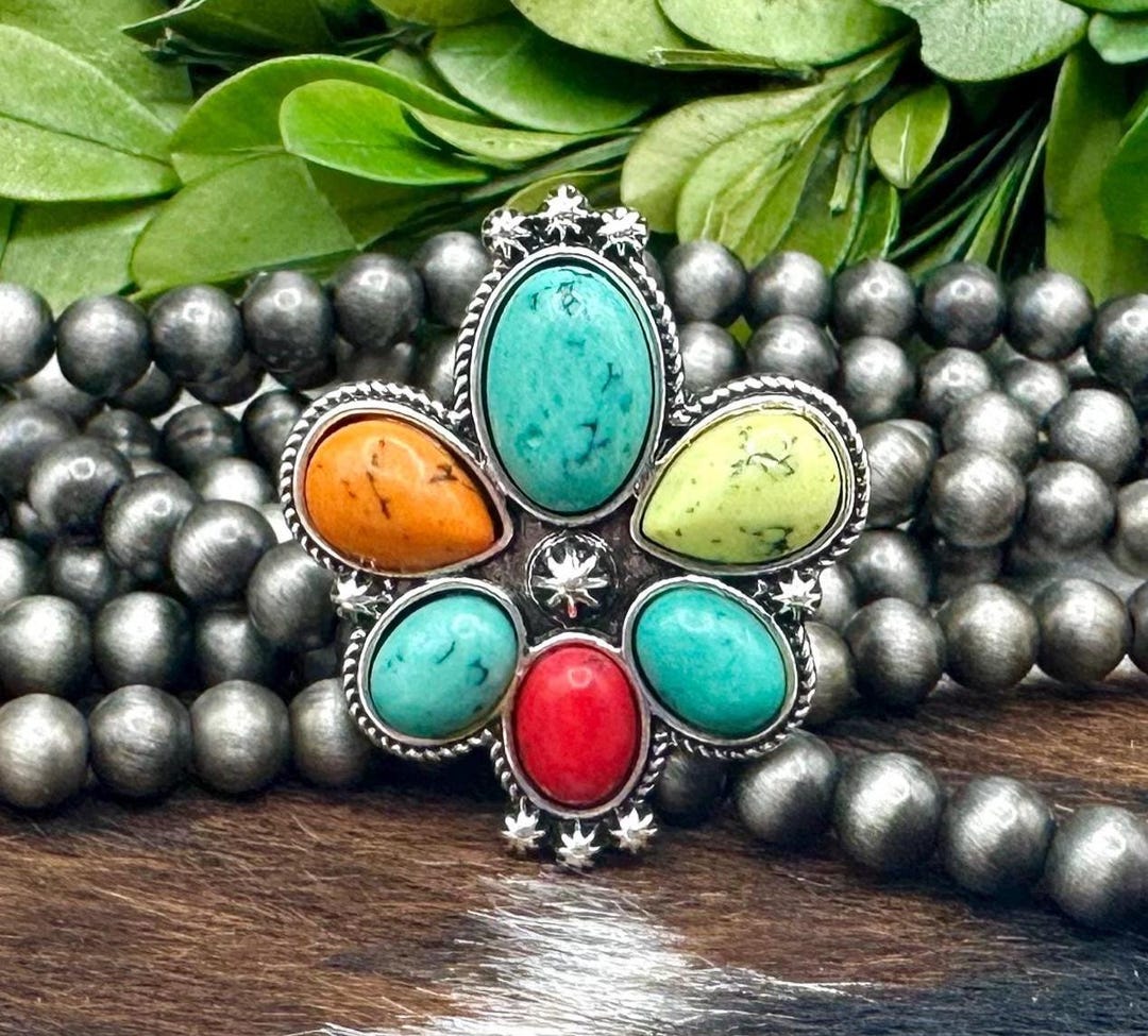 Multi Color Western Stone Cuff Ring, Chunky Orange Red Green Stone ...