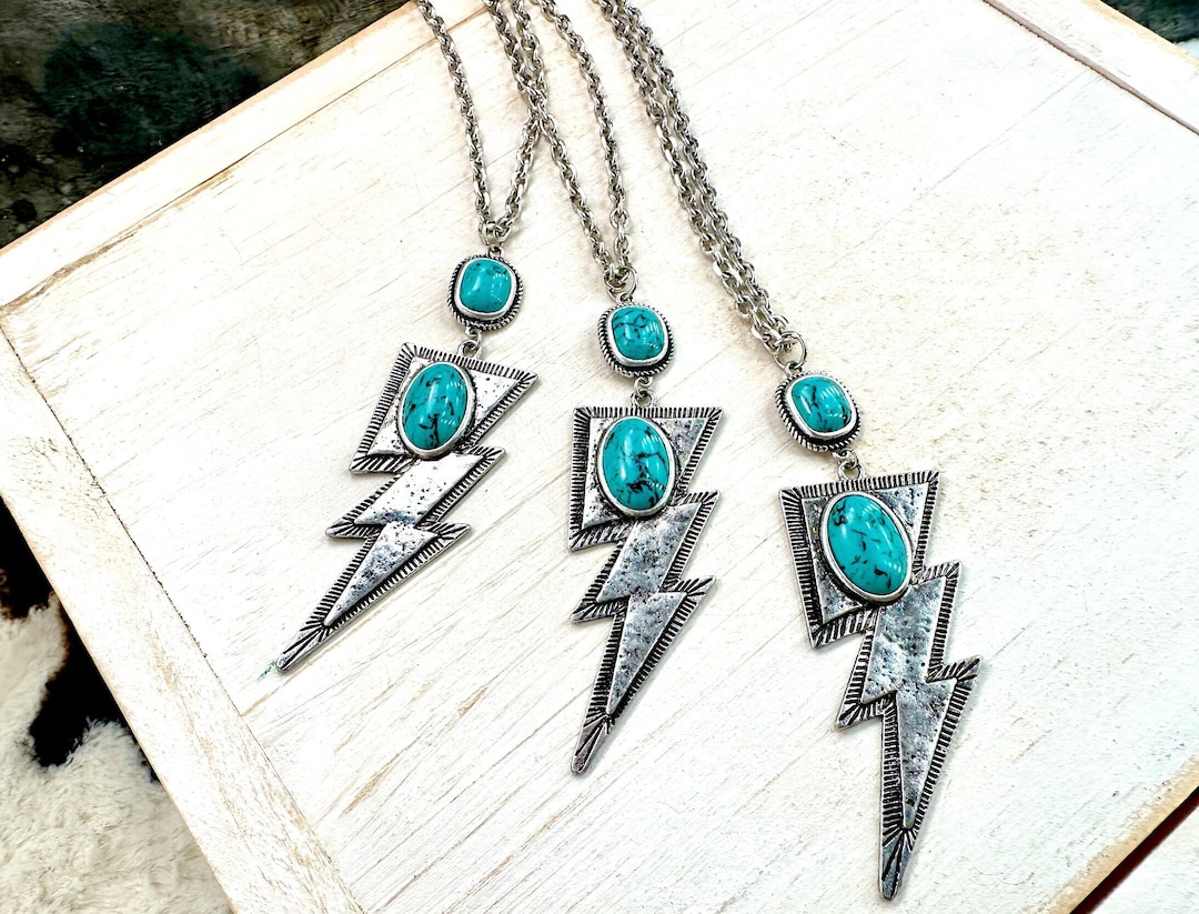 32 Long Western Turquoise Lightning Bolt Necklace, Burnished Silver ...