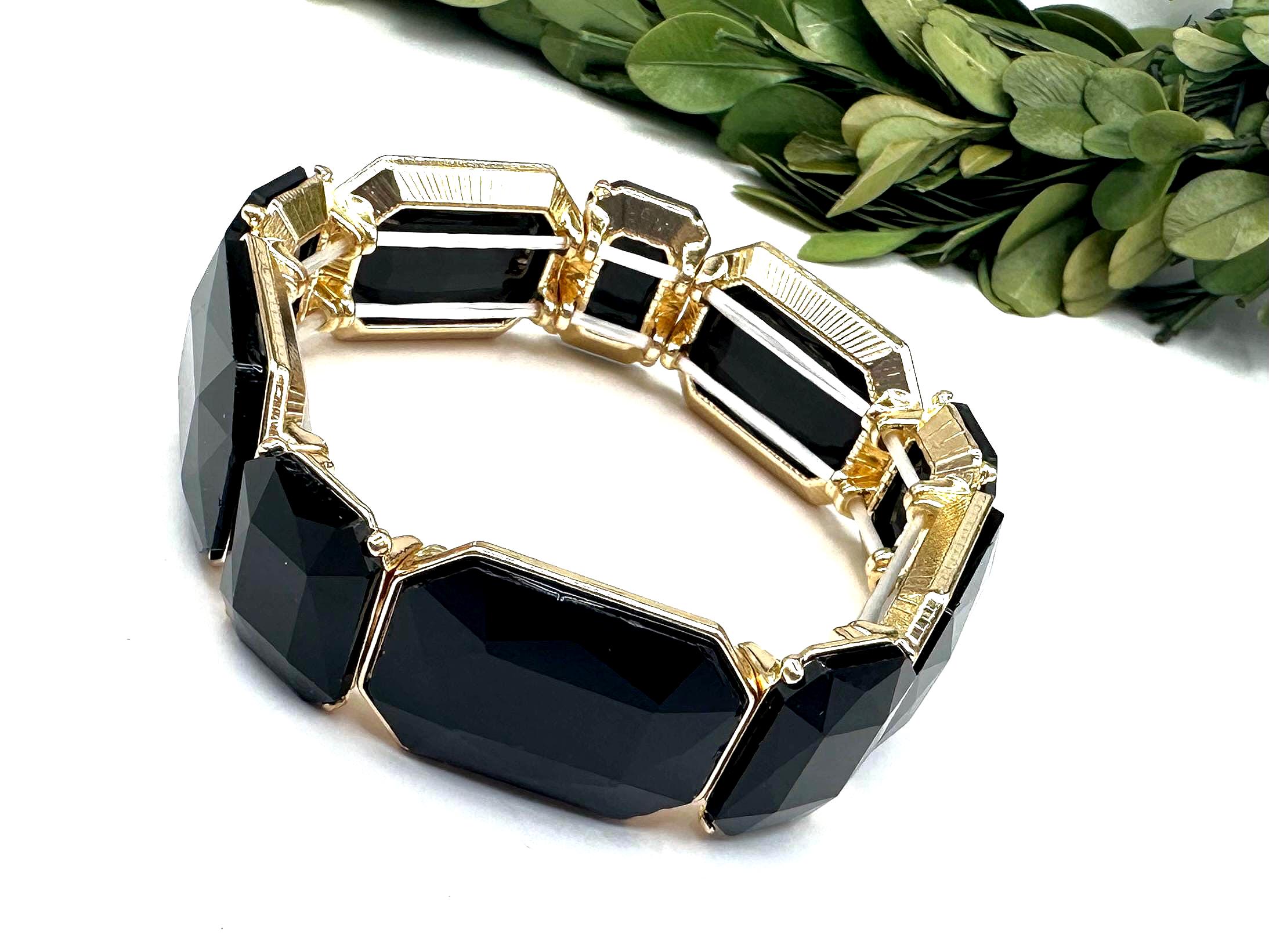 Black Gold Crystal Stretch Bracelet, Emerald Cut Rhinestone Stretch ...