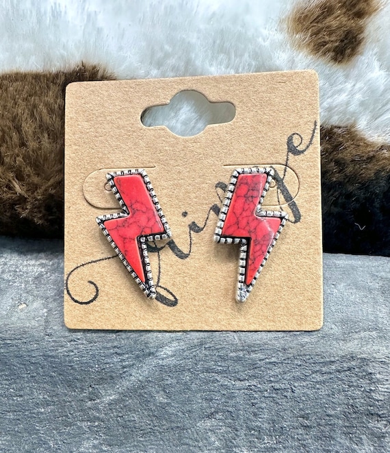 Western Lightning Bolt Stone Stud Earrings Red Western Stud Earrings Red Lightning Bolt Earrings Etsy