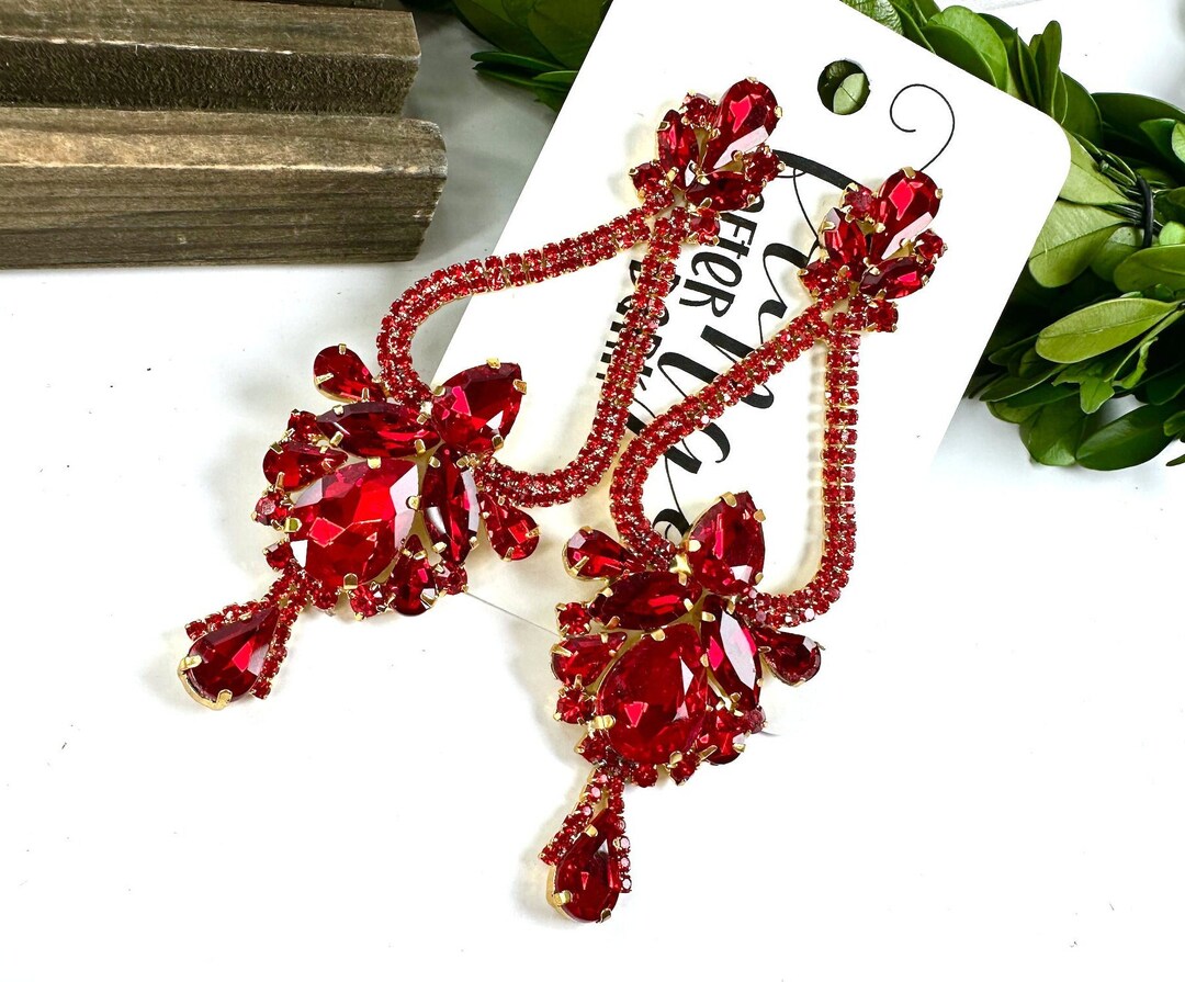 4.25 Red Rhinestone Earrings, Red Crystal Pageant Earrings, Red Crystal ...