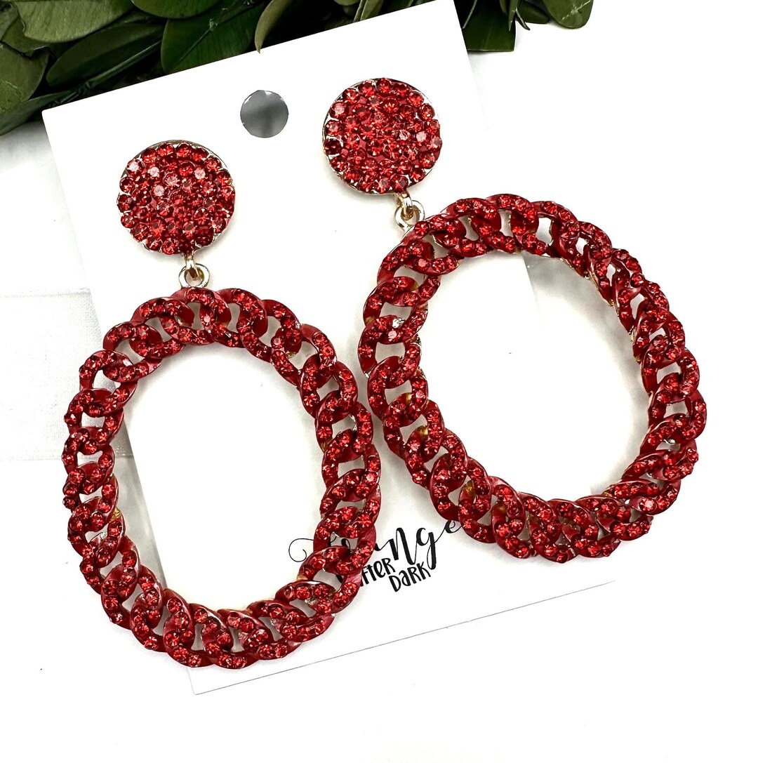 3" Red Rhinestone Chain Link Dangle Earrings, Big Red Gold Crystal Hoop ...