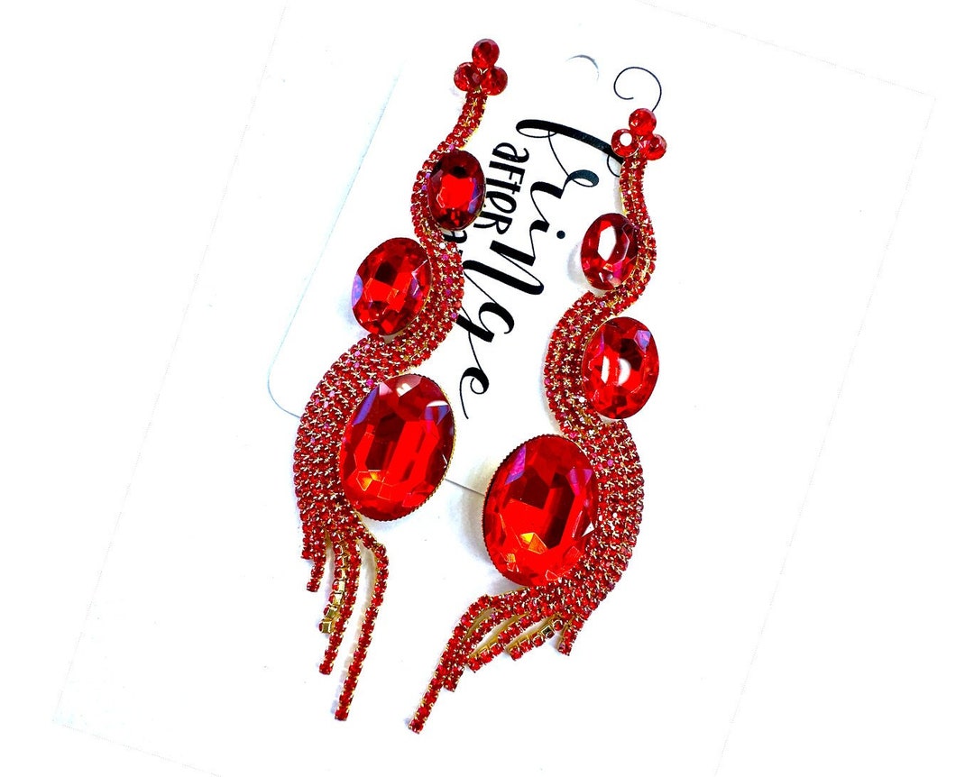4.5 Long Red Rhinestone Earrings, Red Prom Earrings, Red Pageant ...