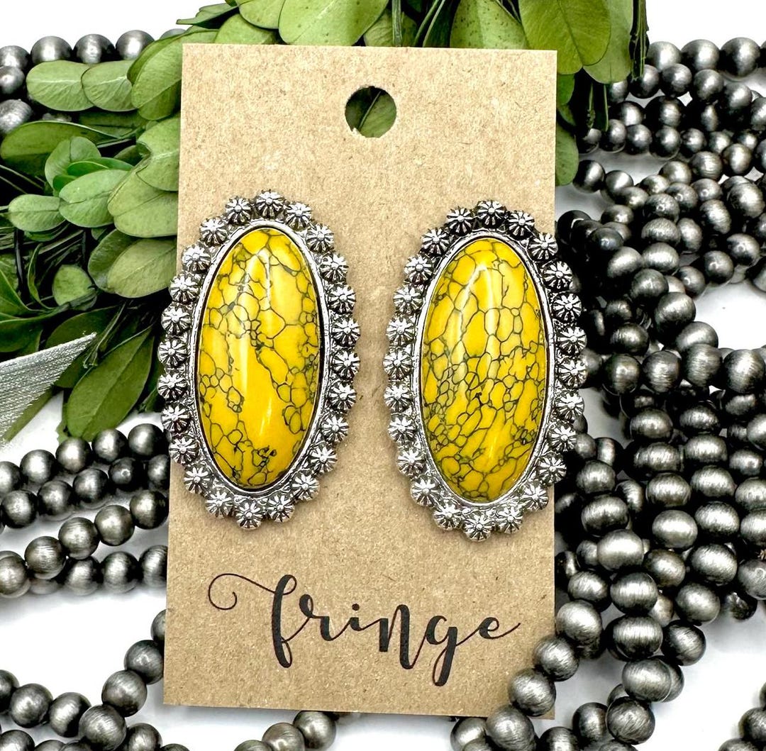 Yellow Western Oval Stud Earrings, Large Western Chunky Golden Yellow ...