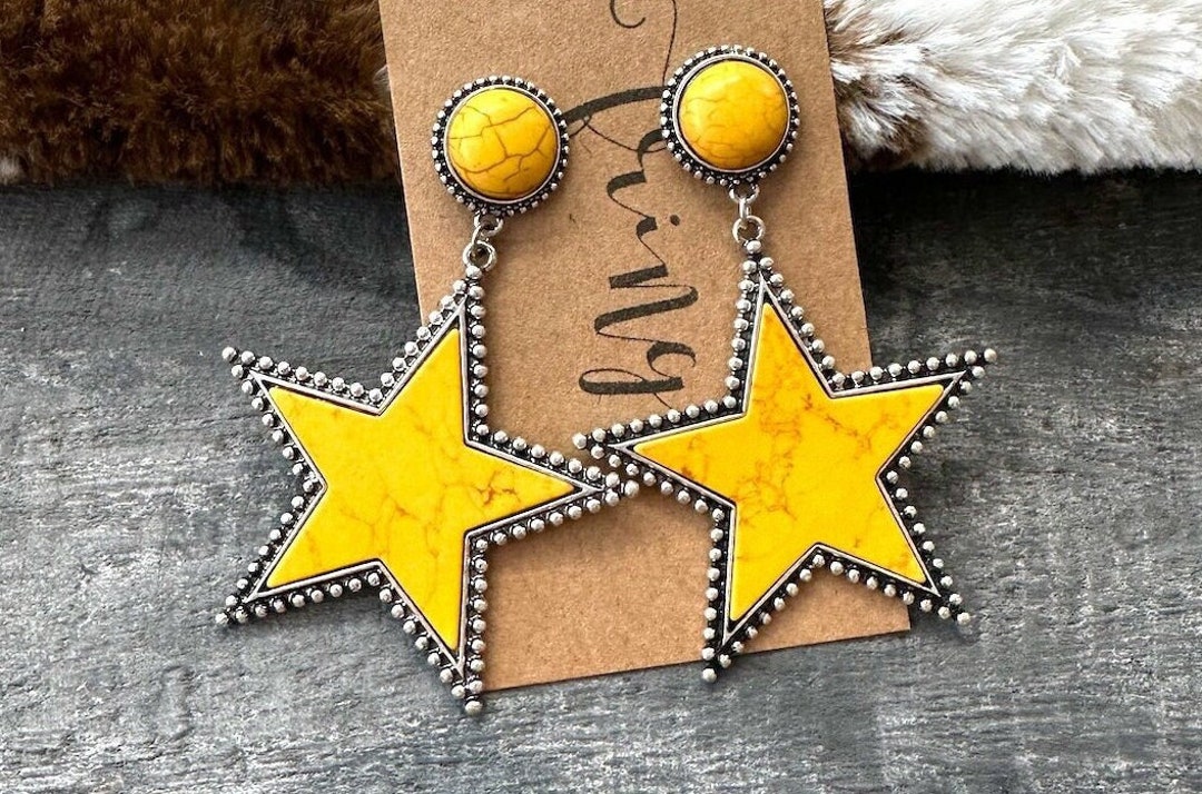 Mustard Yellow Western Star Earrings, Western Star Dangle Earrings ...