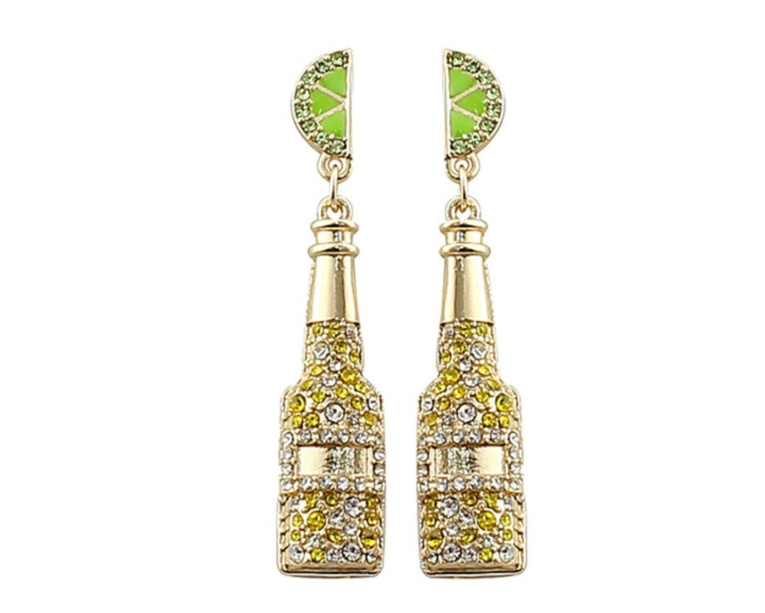 Beer Bottle Rhinestone Dangle Earrings, Rhinestone Earrings, Pierced ...
