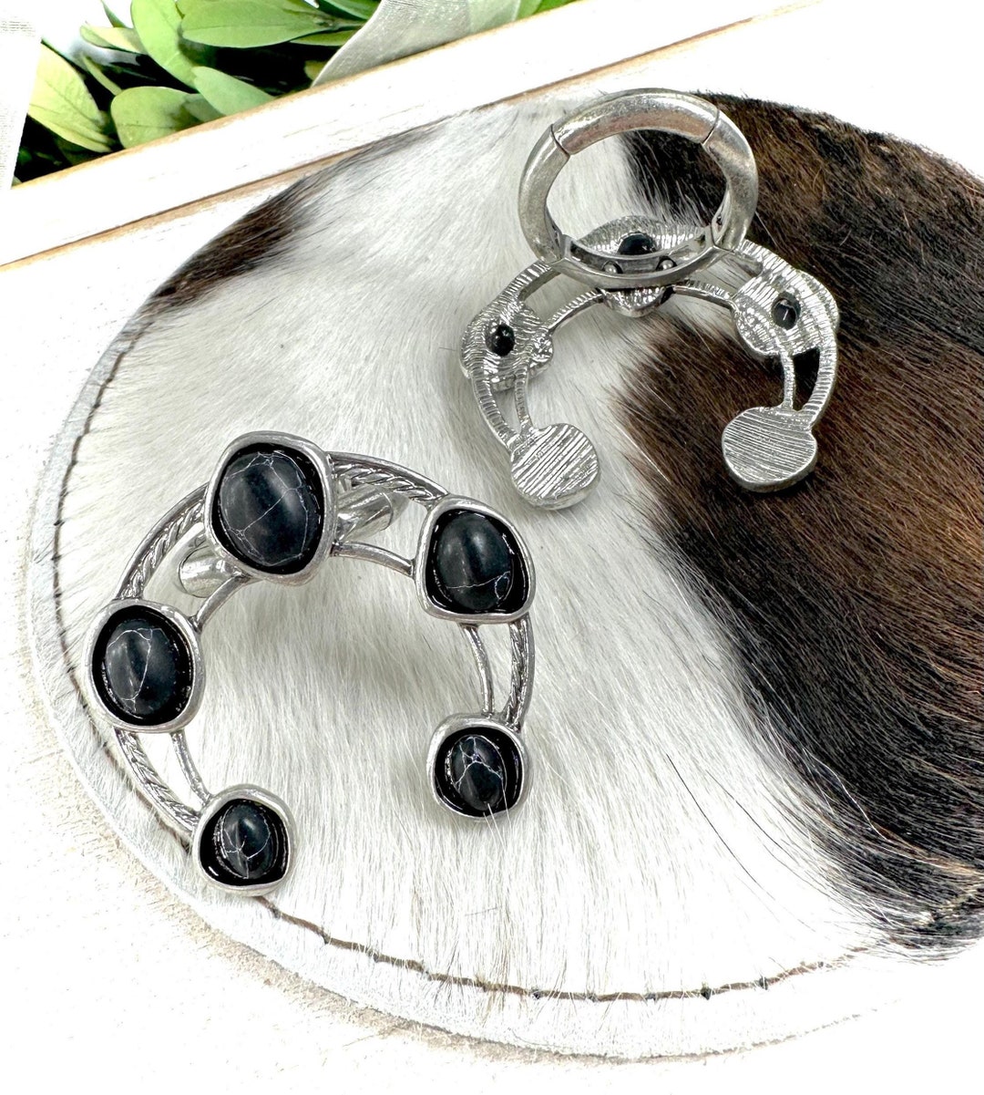 Black Western Stretch Ring, Black Stone Western Ring, Western Squash Blossom Ring, Burnished ...