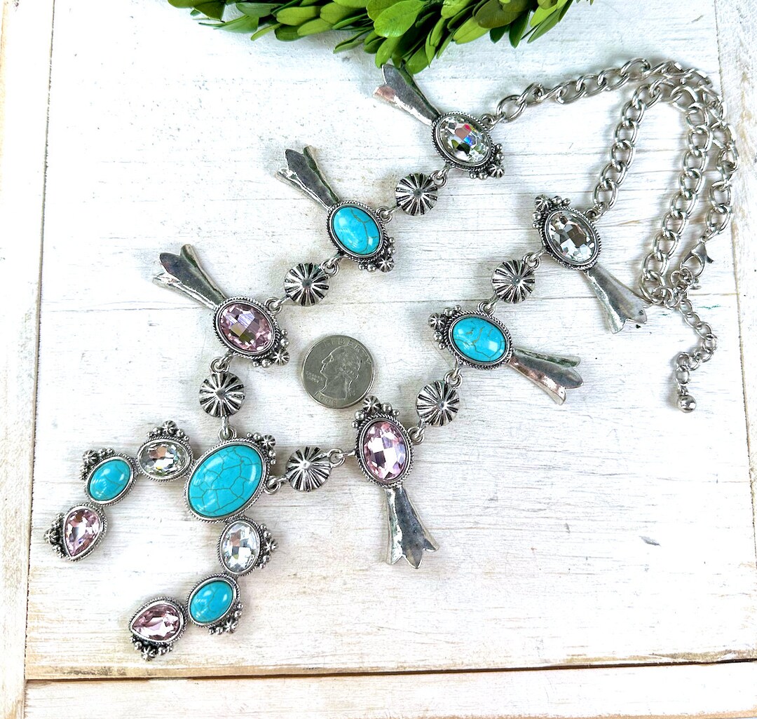 22" Western Crystal Squash Blossom Pendant Necklace, Western Chain Link ...