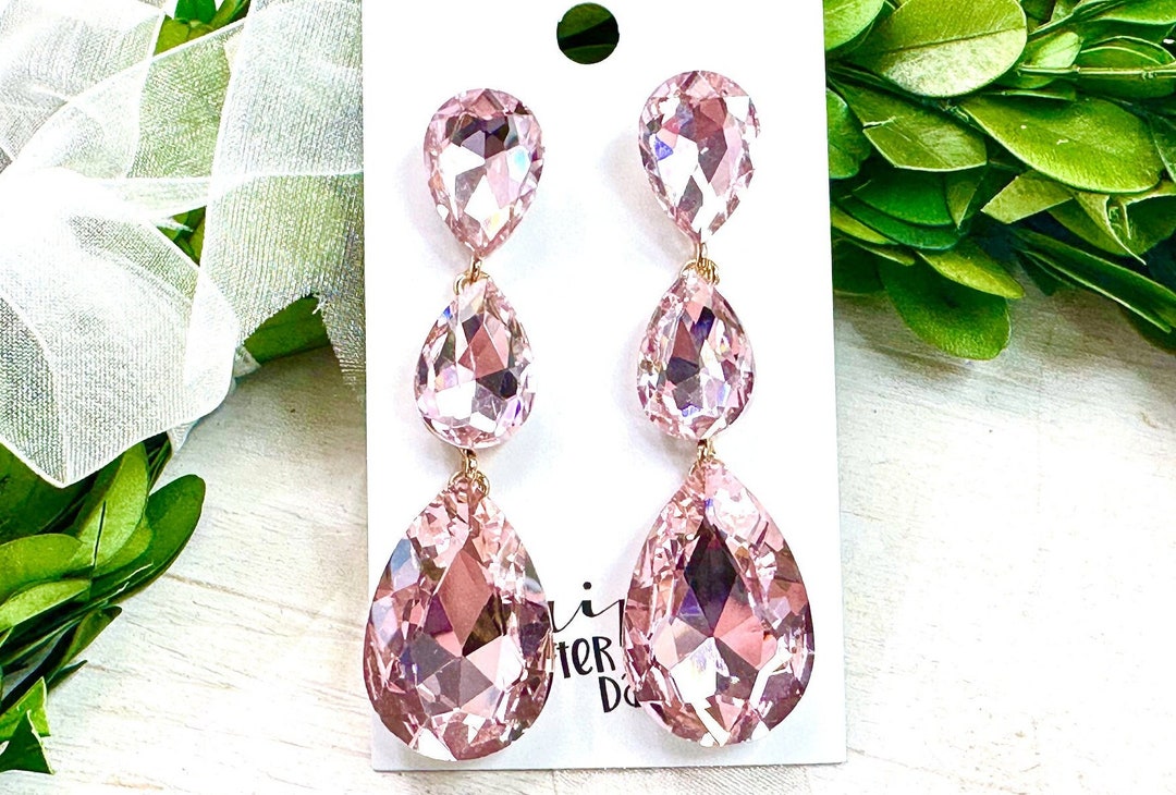3 Pink Crystal Dangle Earrings, Crystal Pageant Drop Earrings, Pink ...