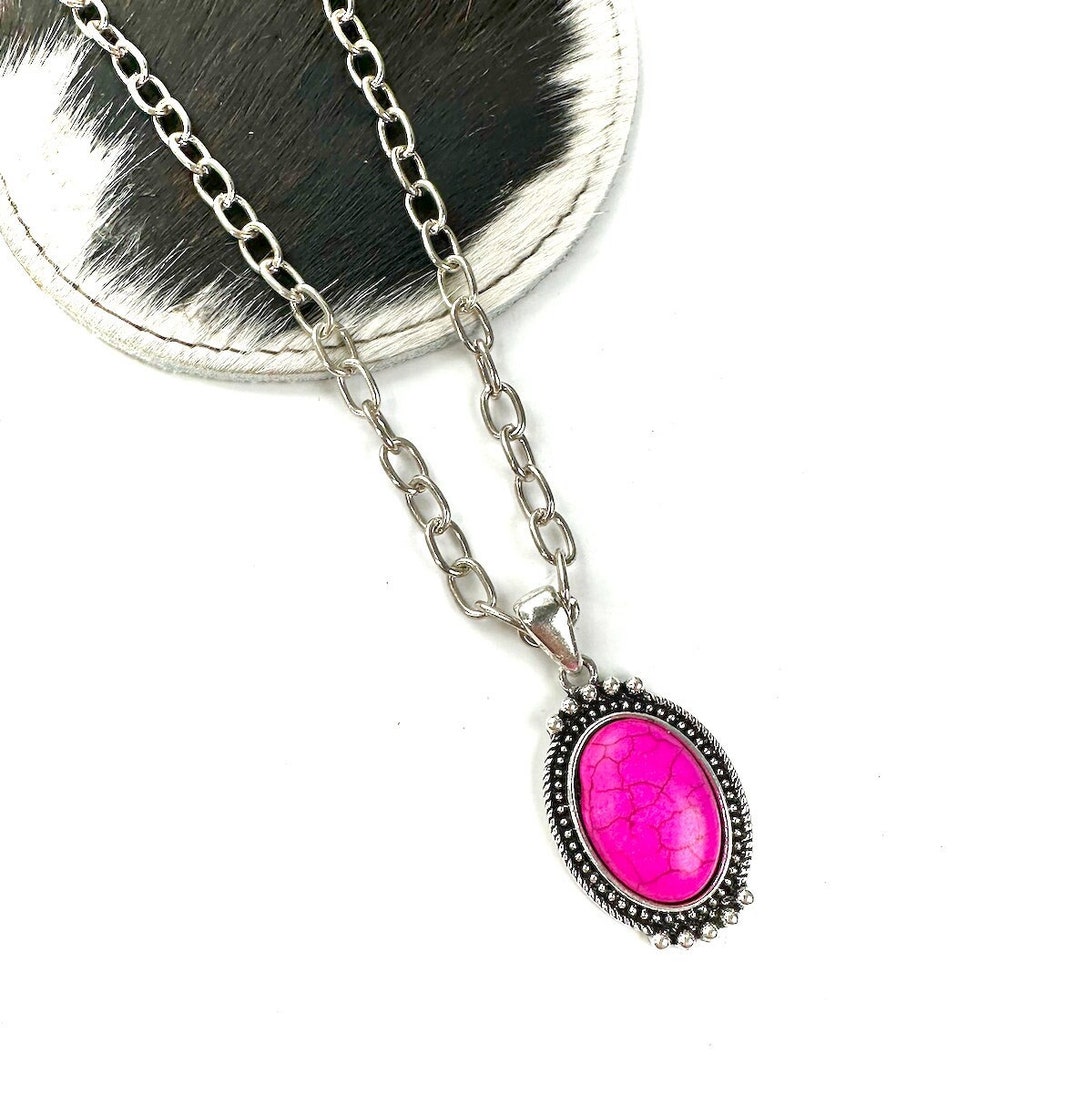 24 Fuchsia Stone Pendant Necklace, Fuchsia Oval Pendant Necklace ...