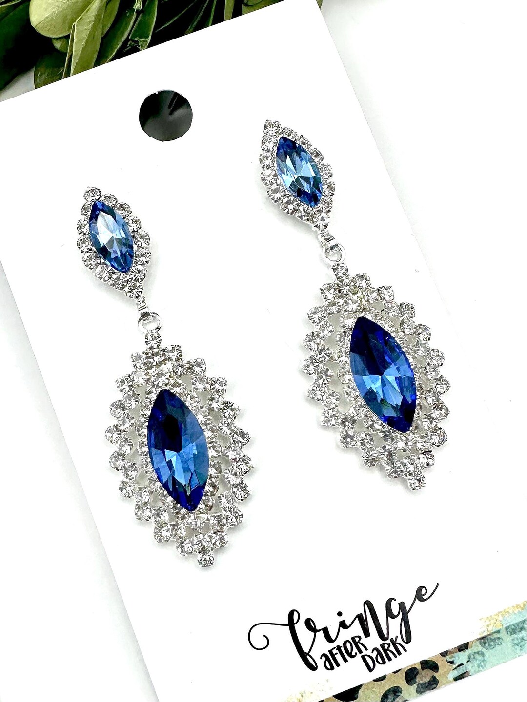 2.1" Sapphire Blue Silver Rhinestone Dangle Earrings, Blue Crystal ...