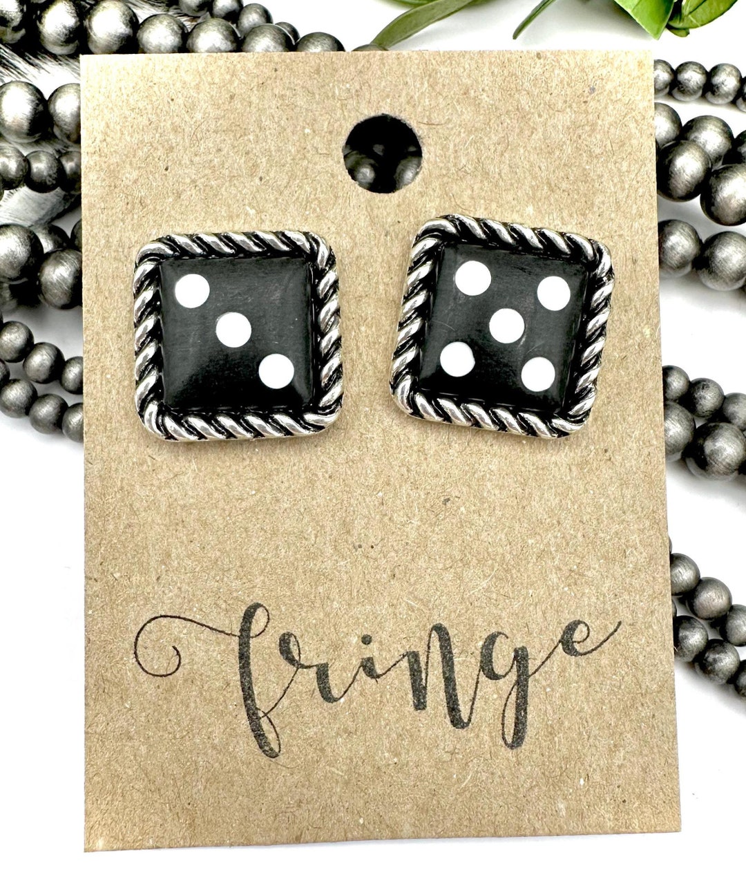 Dice Stud Earrings, Black Dice Earrings, Burnished Silver Dice Earrings ...