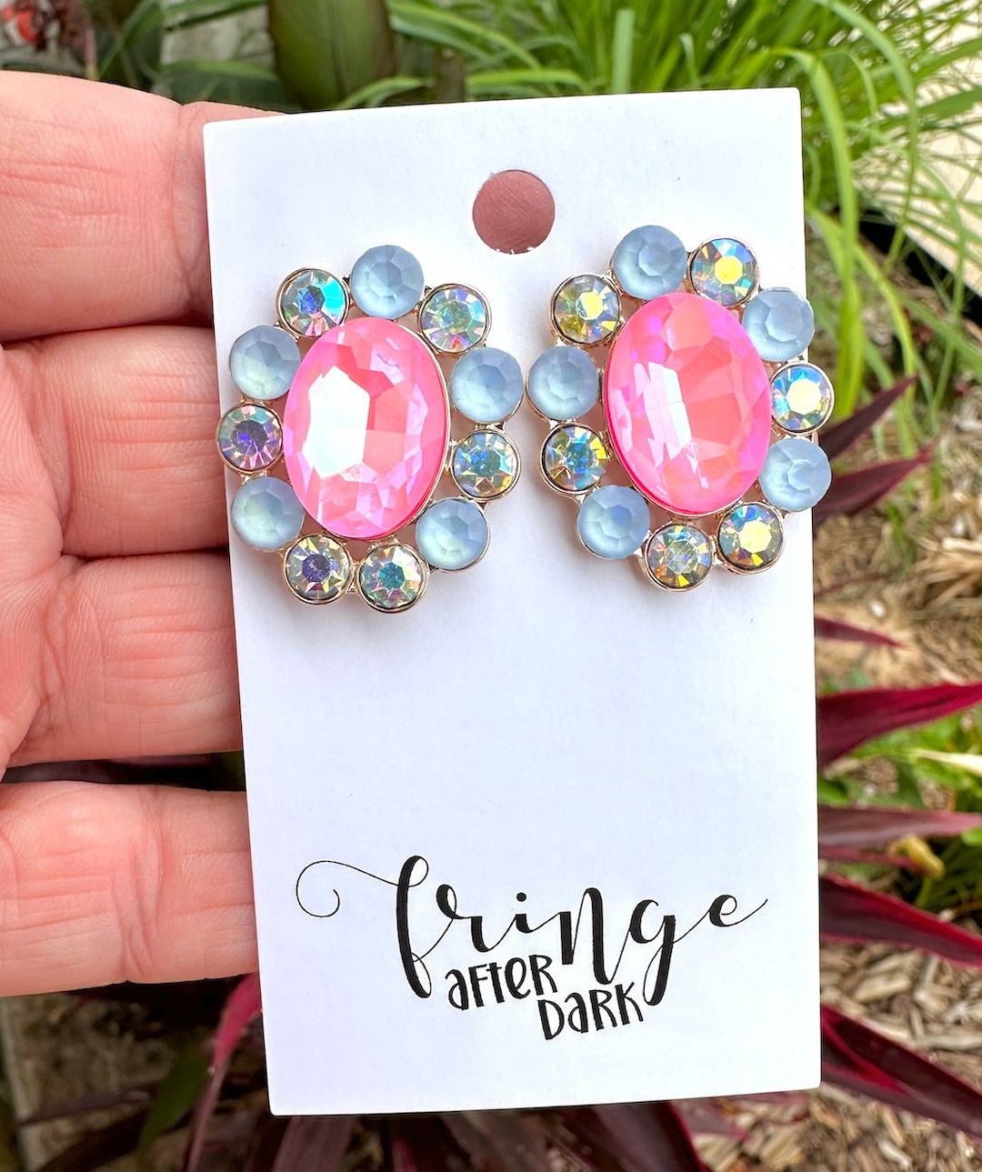 1.25" Pink and Light Blue Rhinestone Stud Earrings, Pink Prom Earrings ...