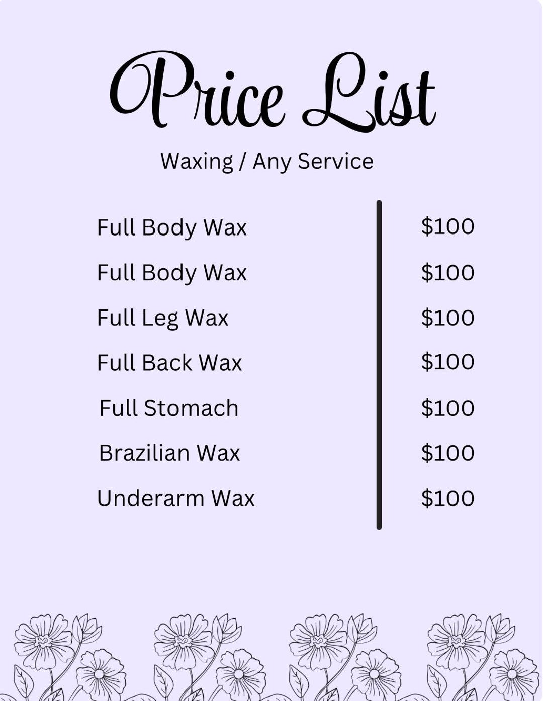 Purple Floral Waxing Price List - Customize for 7 Services - Etsy