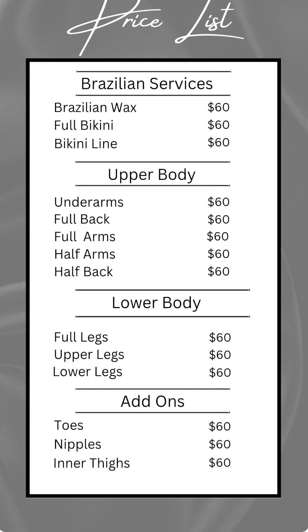 Custom Waxing Service Menu - Visual Price List for Estheticians - Etsy