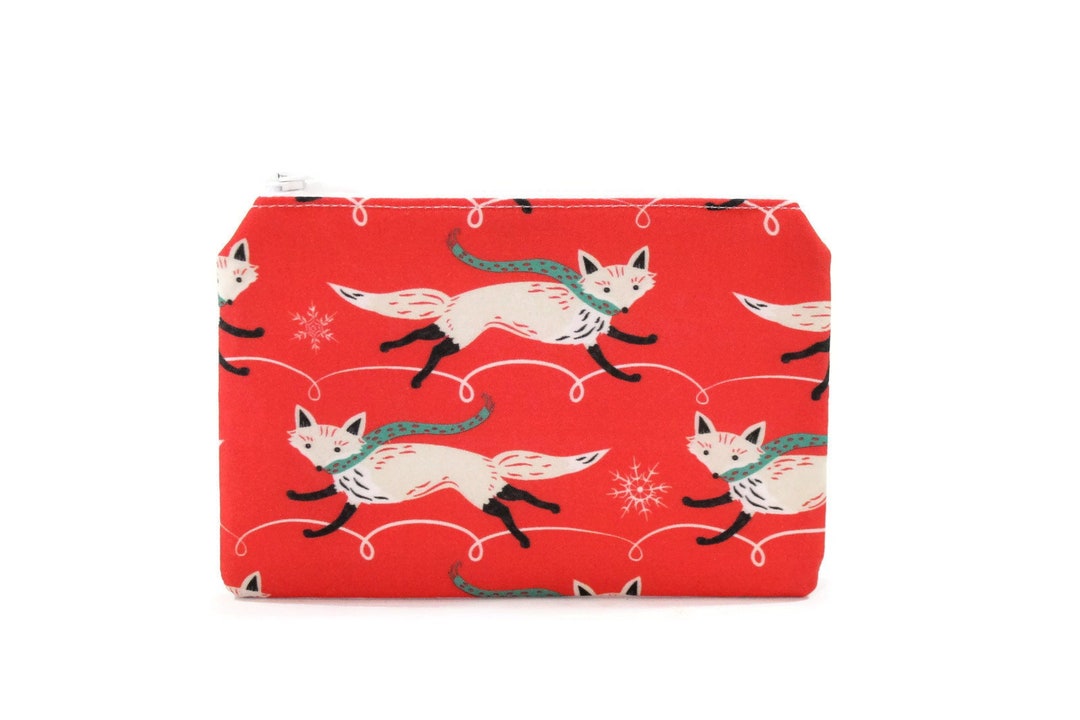 CHOOSE SIZE Winter Fox Zipper Pouch / Foxes in Scarves Camera Bag on Red / Pencil, Make up or ...