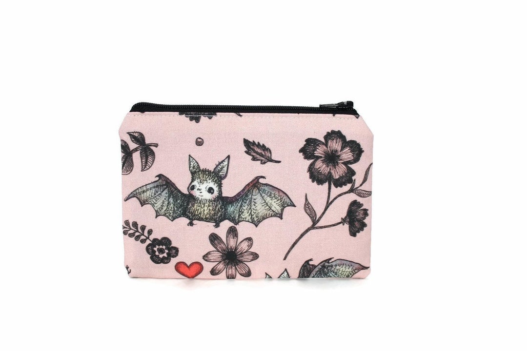 Bat Zipper Pouch / Cute Bats and Flowers on Pink Camera Bag / Small ...