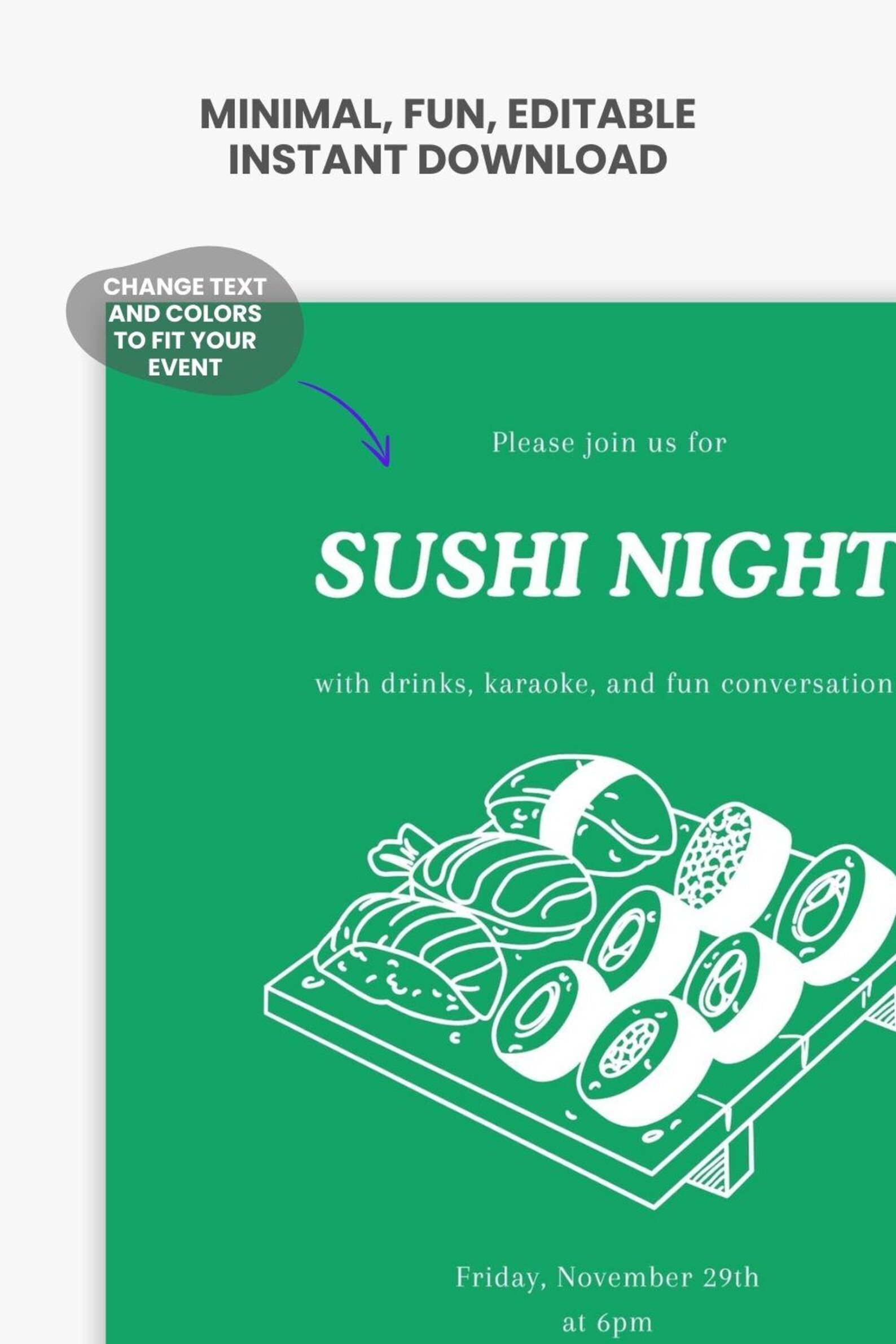 Dinner Party Invite, Sushi Night Digital Invitation, Birthday Editable ...