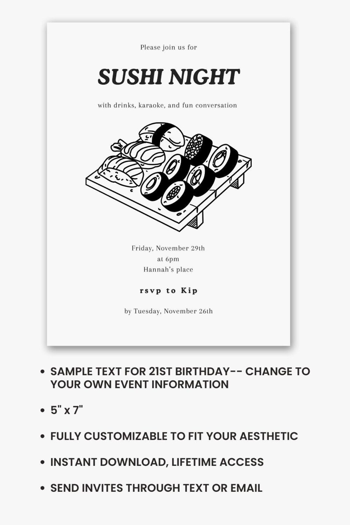 Dinner Party Invite, Sushi Night Digital Invitation, Birthday Editable ...