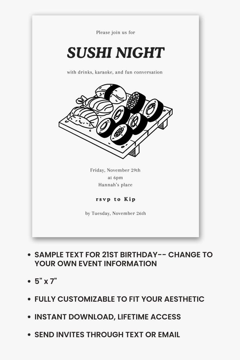 Dinner Party Invite, Sushi Night Digital Invitation, Birthday Editable ...