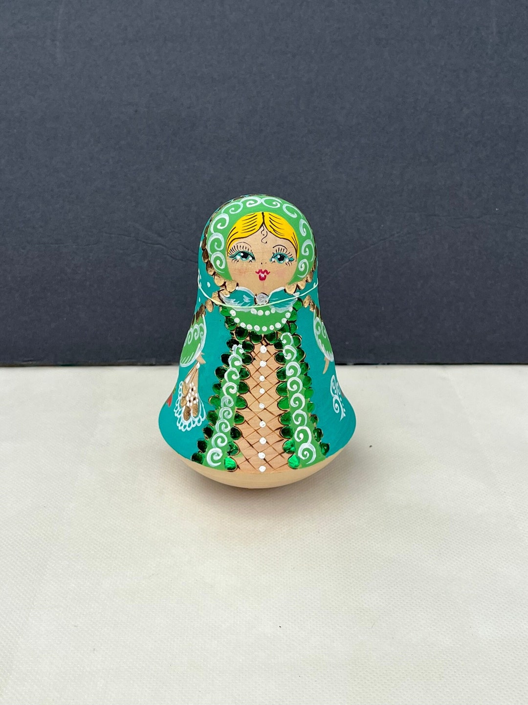 VTG Russian Princess Floral Roly Poly Doll Chime Bell Hand Painted non ...