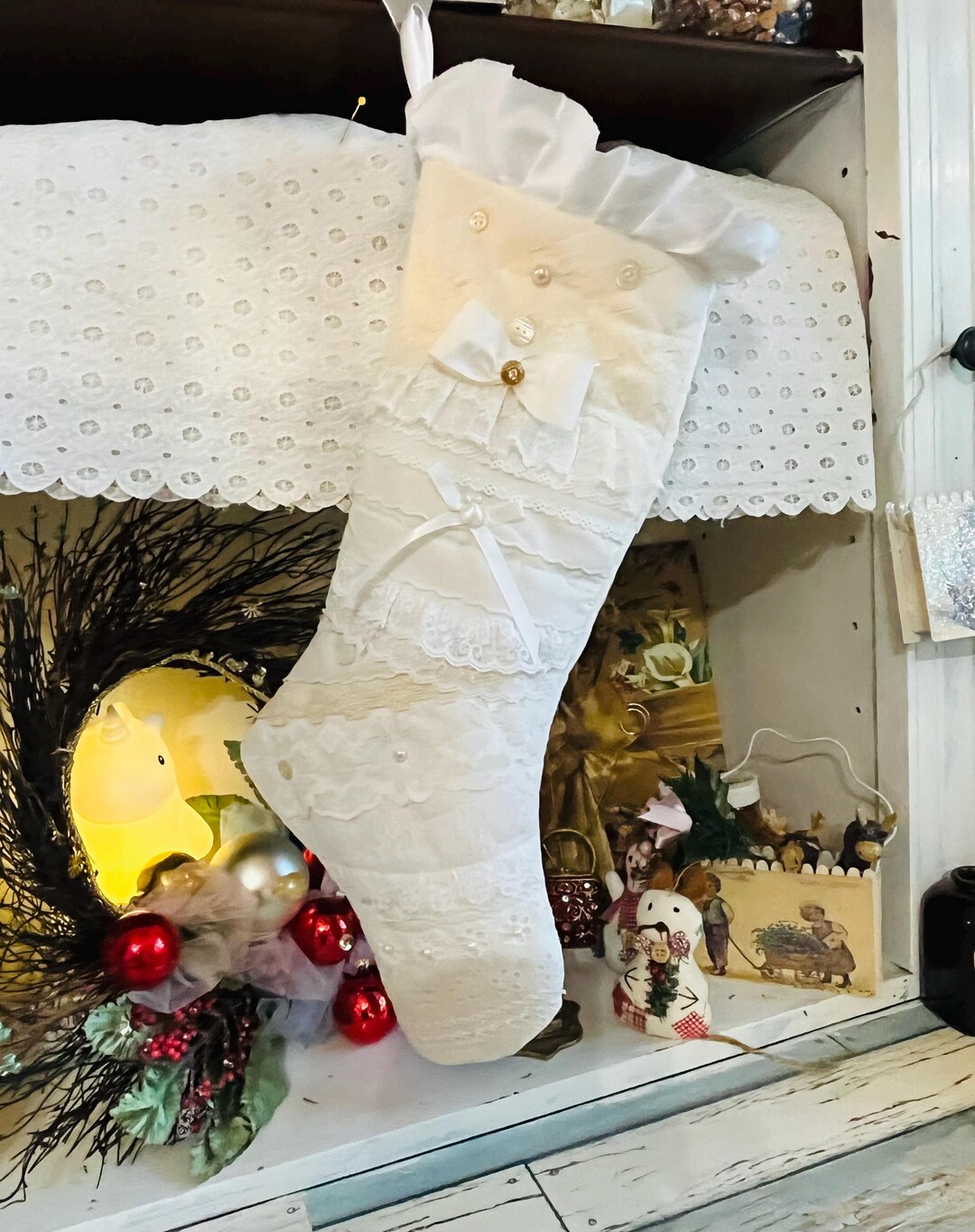 Vintage Lace Farmhouse Christmas Stocking -cream-vintage Buttons -chic ...