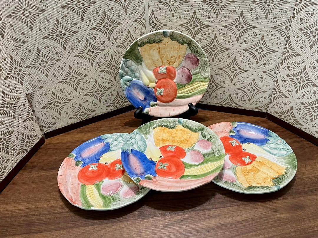 1986 Fitz and Floyd 7" Ceramic Canape Serving Plate Majolica Fruit and Vegetable Design and a FF ...