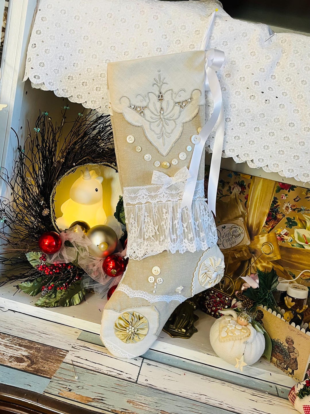Vintage Lace Farmhouse Christmas Stocking -cream-vintage Buttons -chic ...