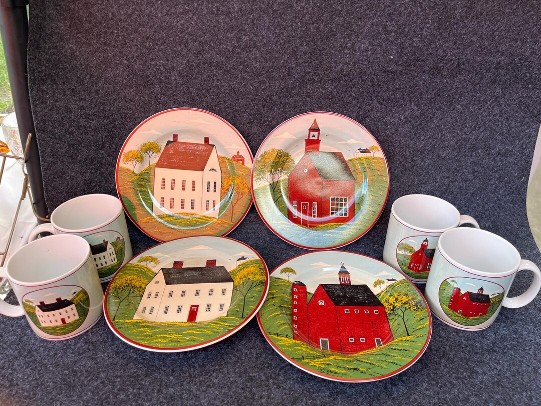 8 Pc Set Warren Kimble Country Life Red "barns"luncheon /salad Plates ...